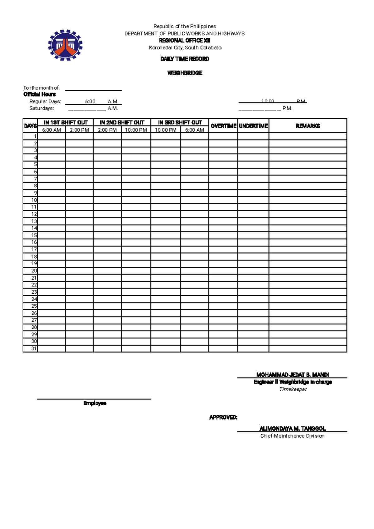 DTR- Blank - Republic of the Philippines DEPARTMENT OF PUBLIC WORKS AND ...