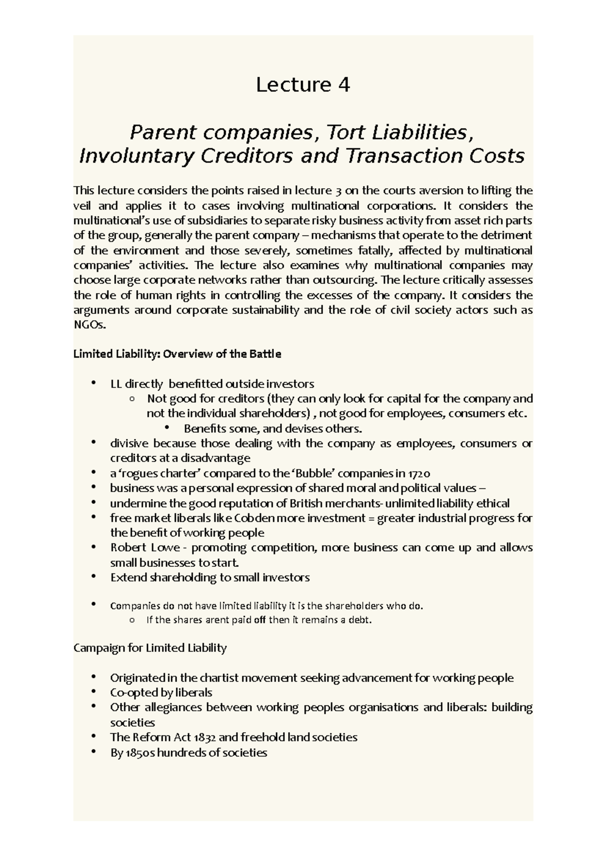 Lecture 4 - Parent companies, Tort Liabilities, Involuntary Creditors ...