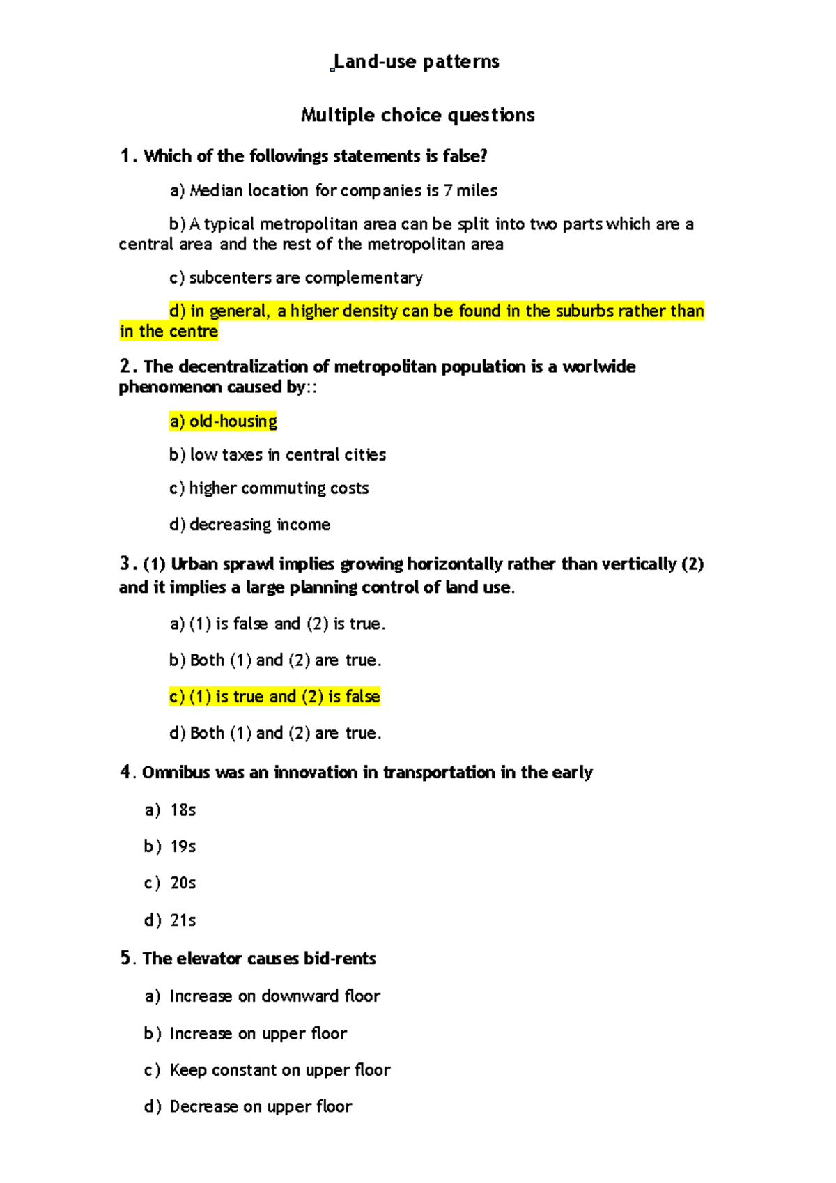 Seminar assignments - multiple choice questions - land use patterns ...