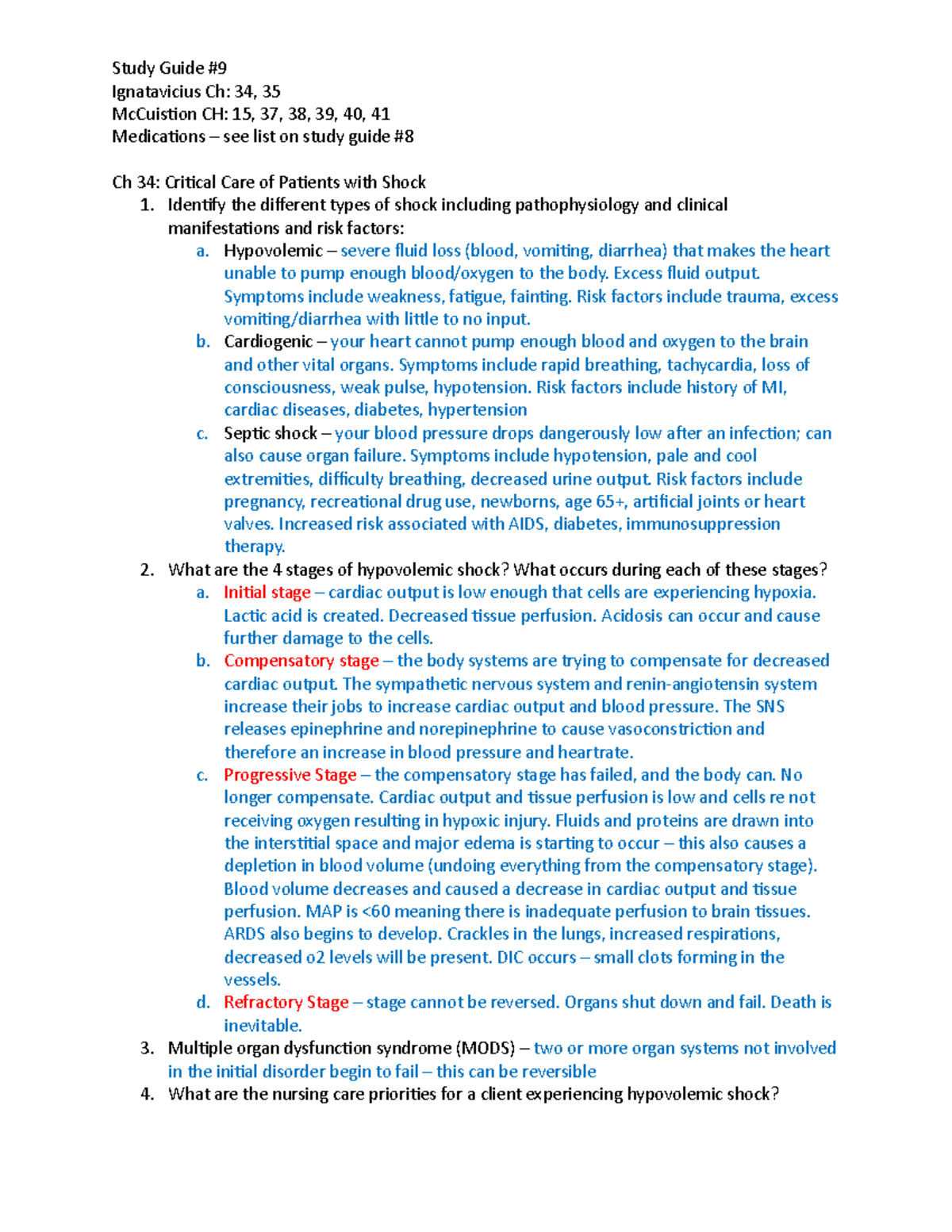 Study Guide 9 - Identify the different types of shock including ...