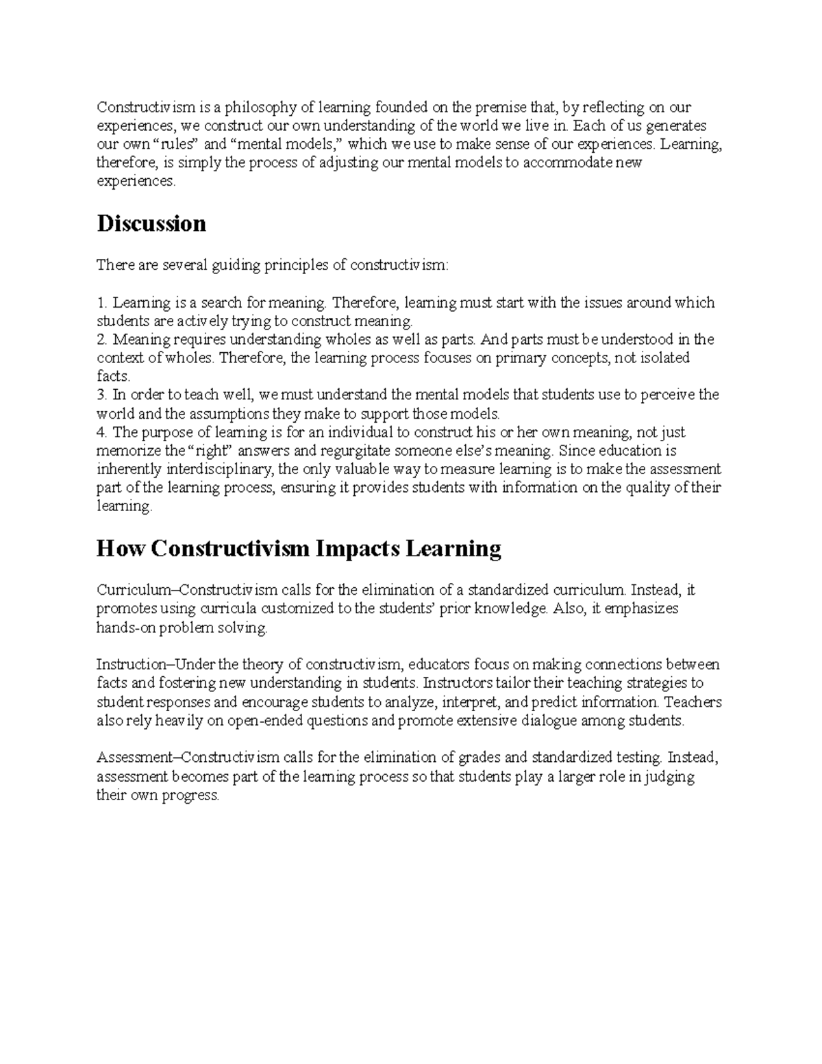 Constructivism Lecture Notes For Curr Dev Constructivism Is A Philosophy Of Learning Founded