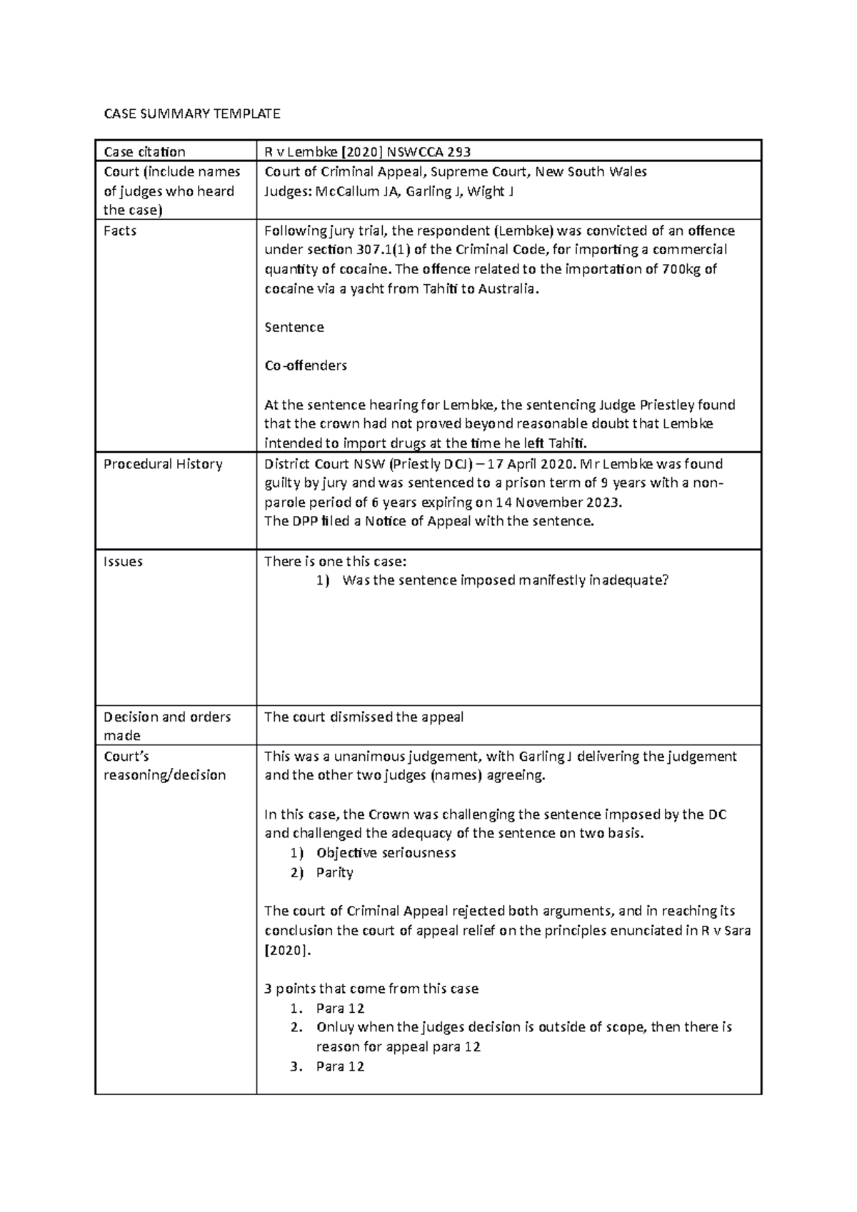 R v Lembke Case Law Summary - CASE SUMMARY TEMPLATE Case citation R v ...