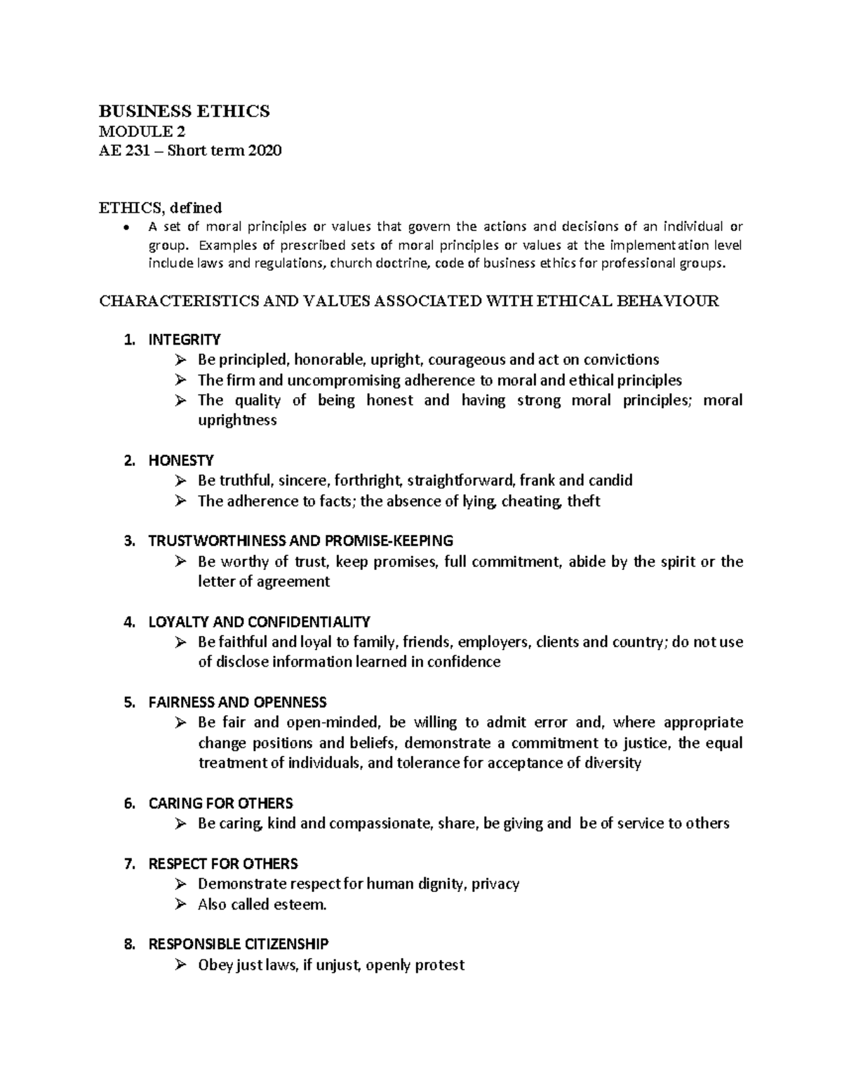 Business Ethics - lecture - BUSINESS ETHICS MODULE 2 AE 231 – Short ...