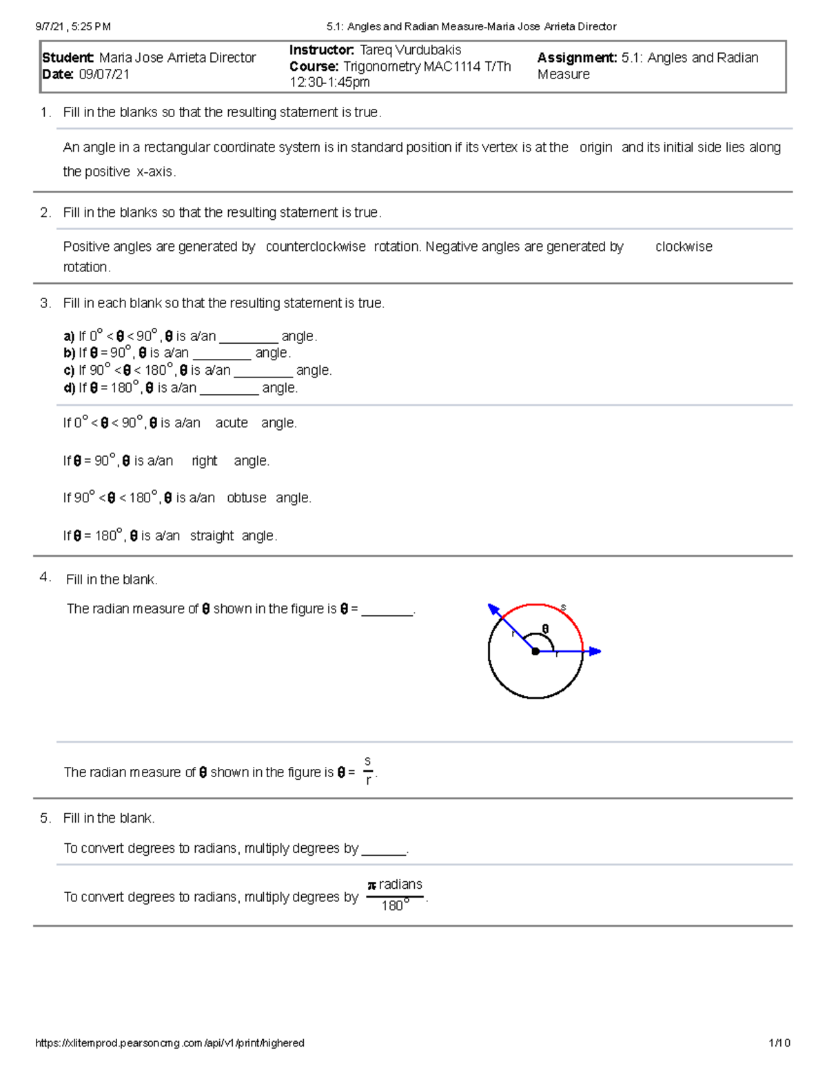 Angles and Radian Measure - 1. 2. 3. 4. 5. Student: Maria Jose Arrieta ...