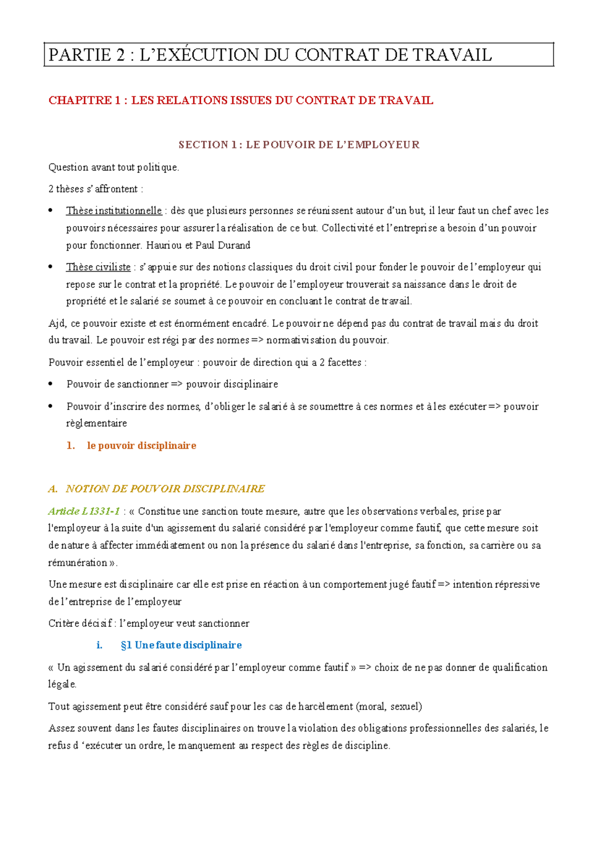 2. Execution du contrat de travail - PARTIE 2 : L’EXÉCUTION DU CONTRAT ...