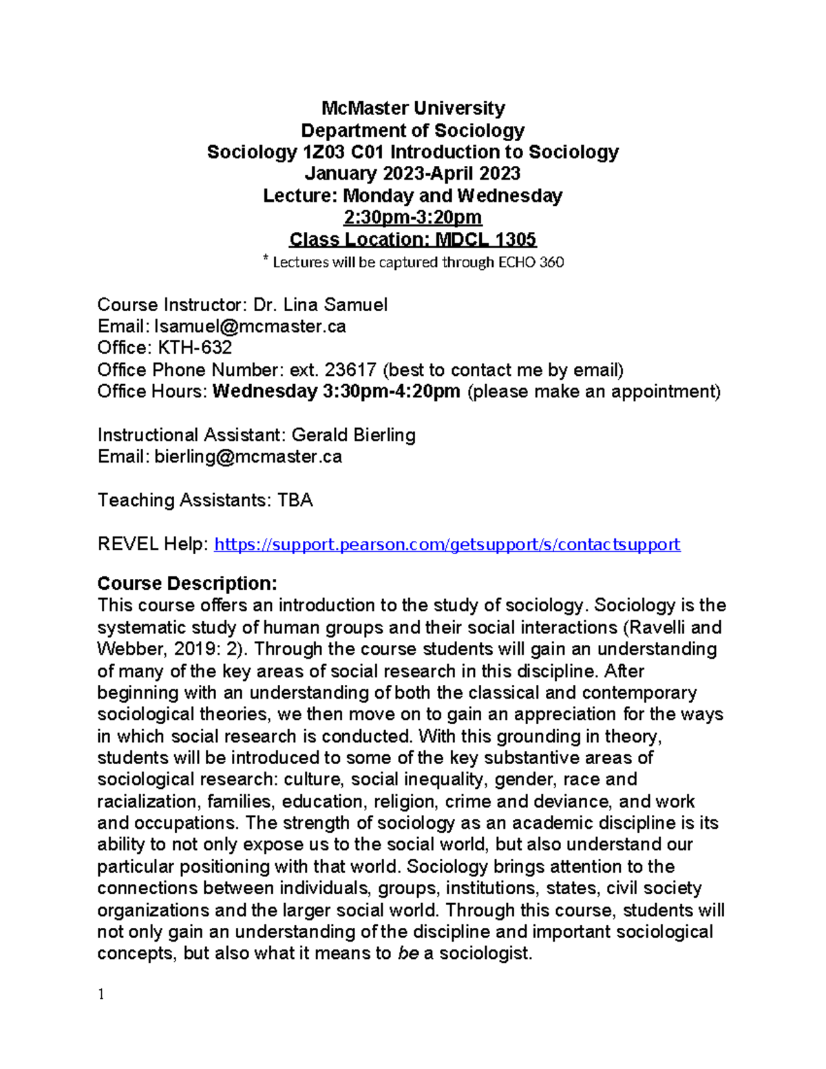 Sociol 1Z03, Winter 2023, Lina Samuel - revised - McMaster University ...