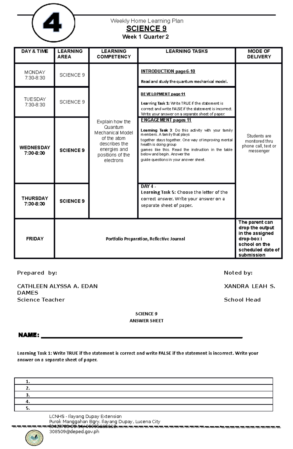 Weekly HOME Learning PLAN Science 9 Quarter 2 WEEK 1-2 (Auto Recovered ...