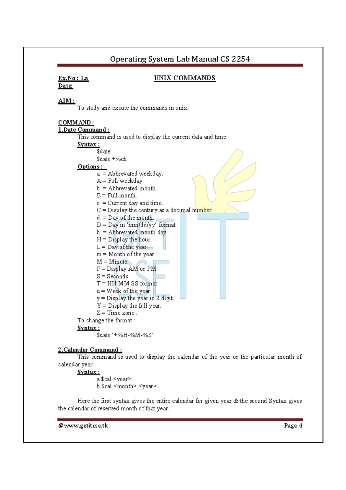 Operating System Shell Commands Ex 1 Unix Commands Date Aim To