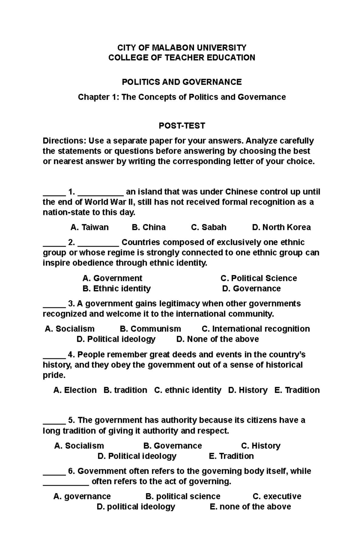 CMU Module 12 Polgov CHAP 1 POST TEST 1st Sem 23 24 - CITY OF MALABON ...