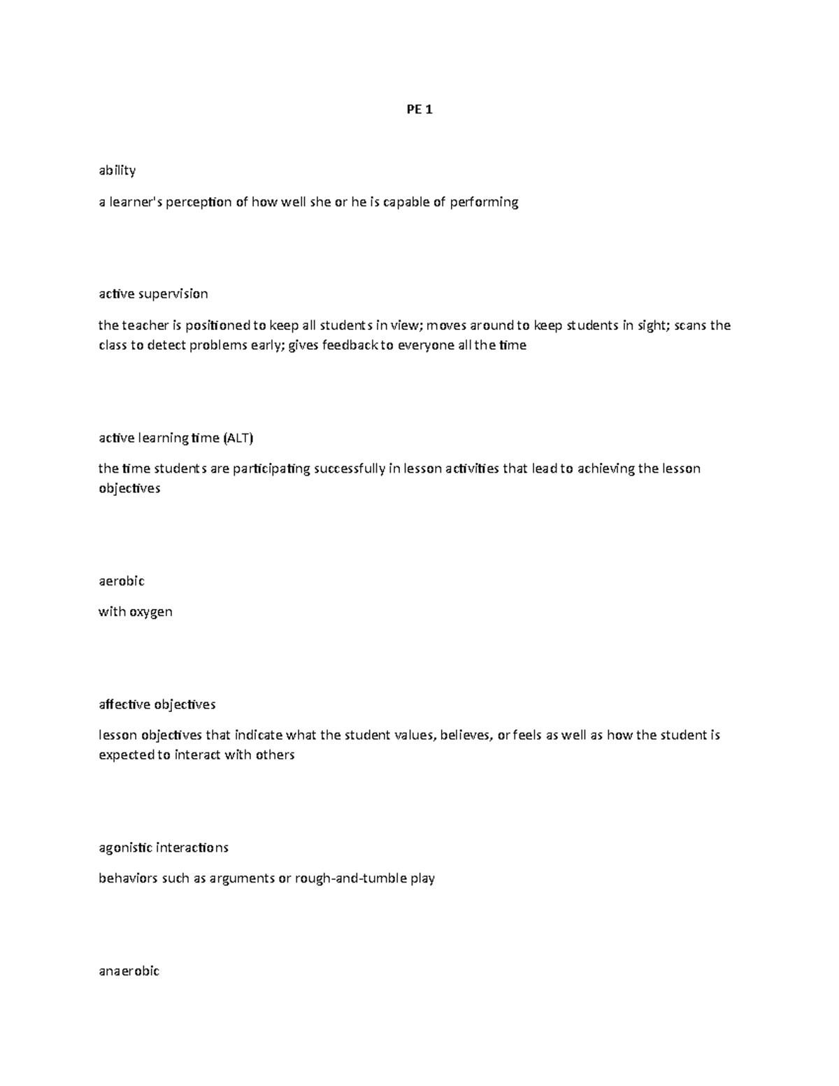 PE 1 - reviewer - PE 1 ability a learner's perception of how well she ...