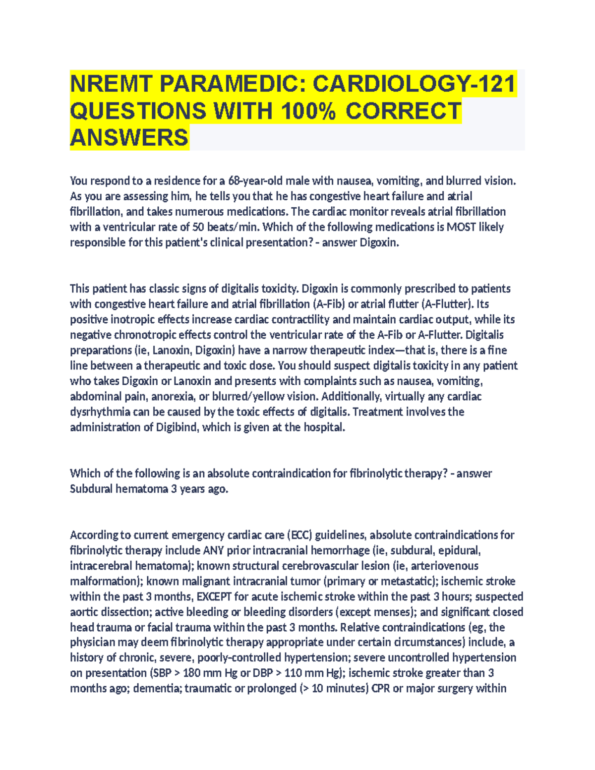 NREMT Paramedic Cardiology-121 Questions WITH 100% Correct Answers ...