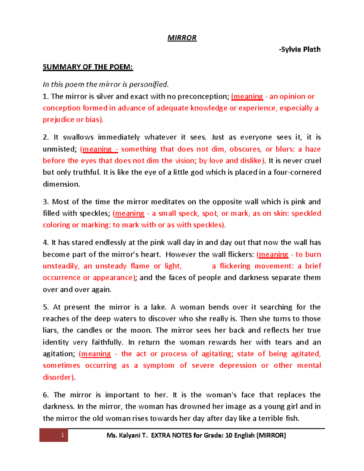 Mirror poem analysis - MIRROR -Sylvia Plath SUMMARY OF THE POEM: In ...