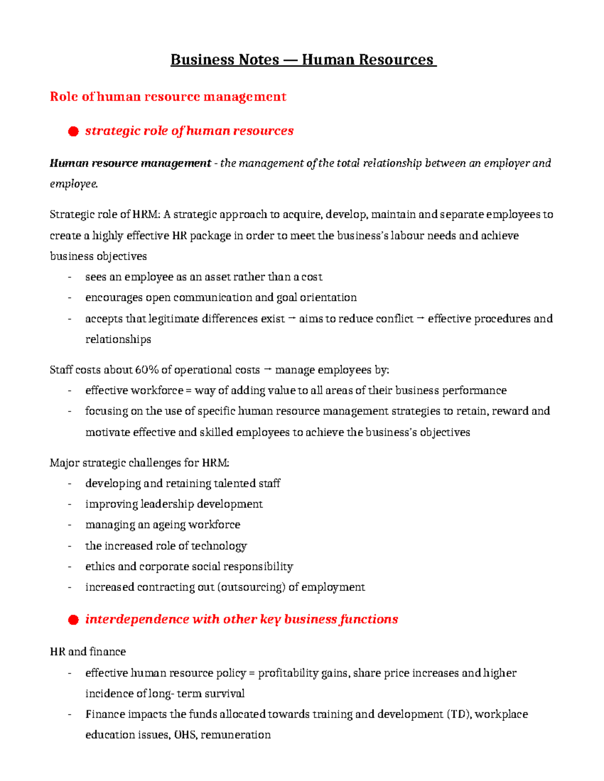 Business Notes HR - Business Notes — Human Resources Role of human ...