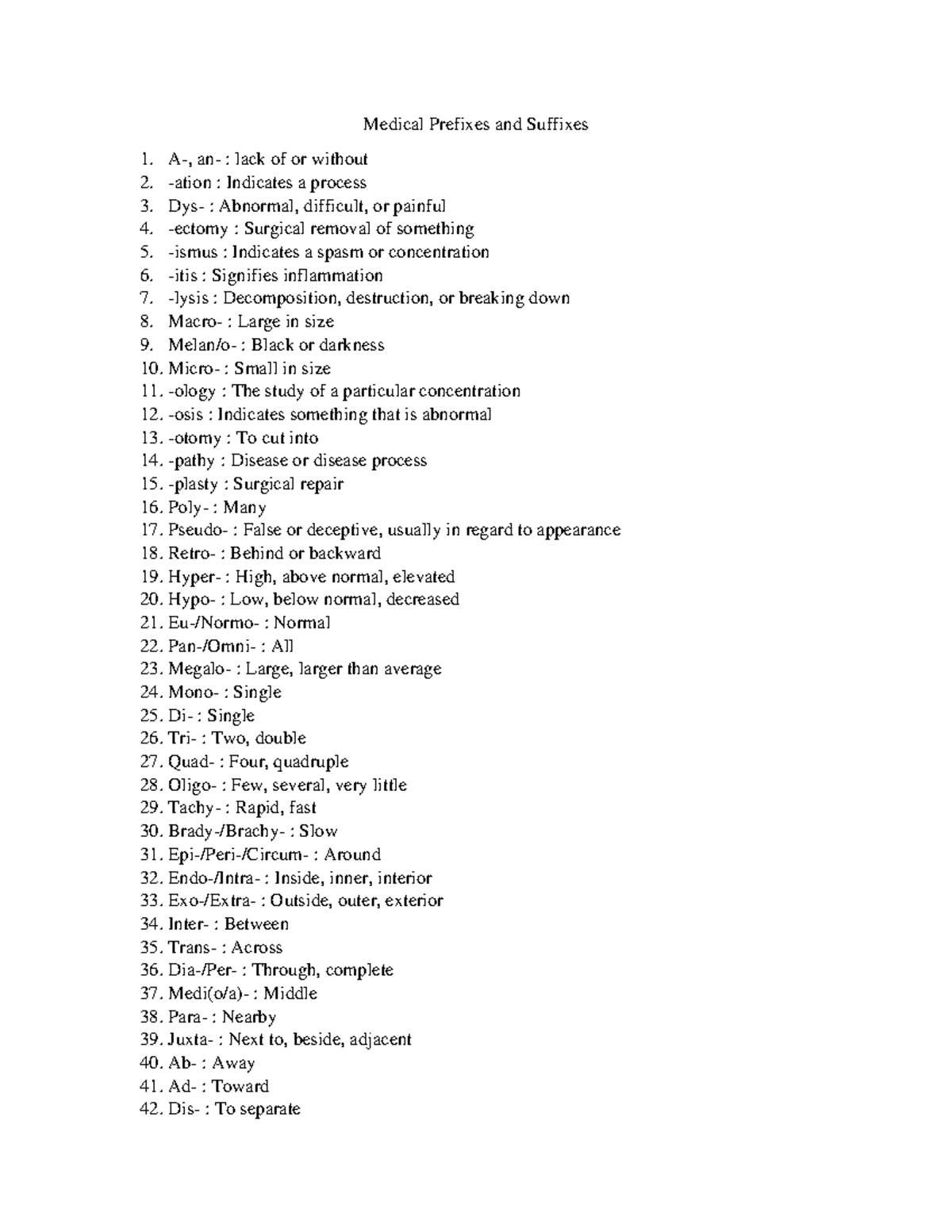 Medical Terms 2 - Medical Prefixes and Suffixes A-, an- : lack of or ...