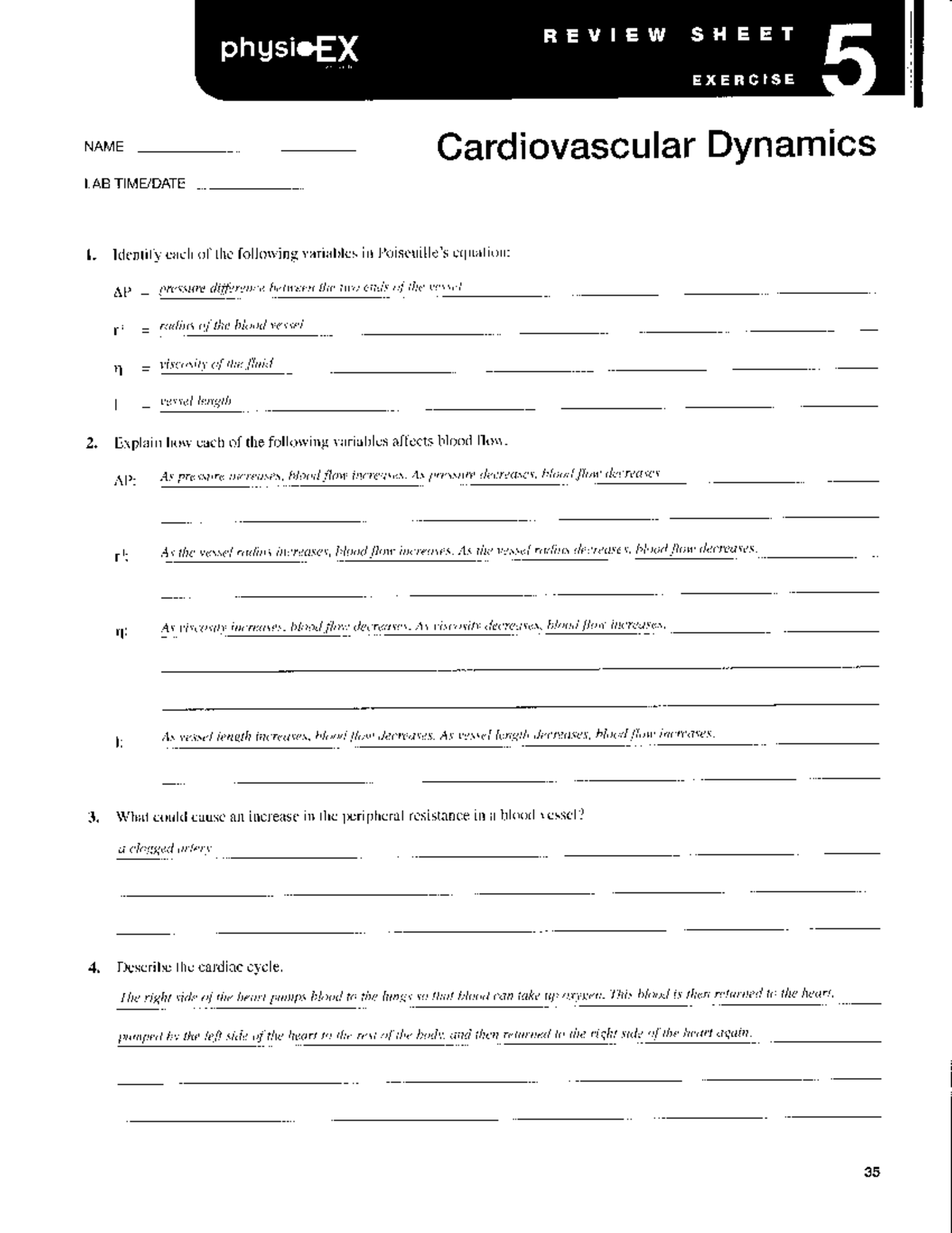 Physio Ex 5 Key - lab notes - Cardiovascular Dynamics Ap - pre\sure ...