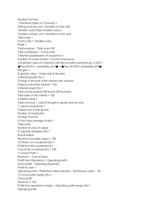 Equations - full set of AQA a level business equations - Number Formula ...