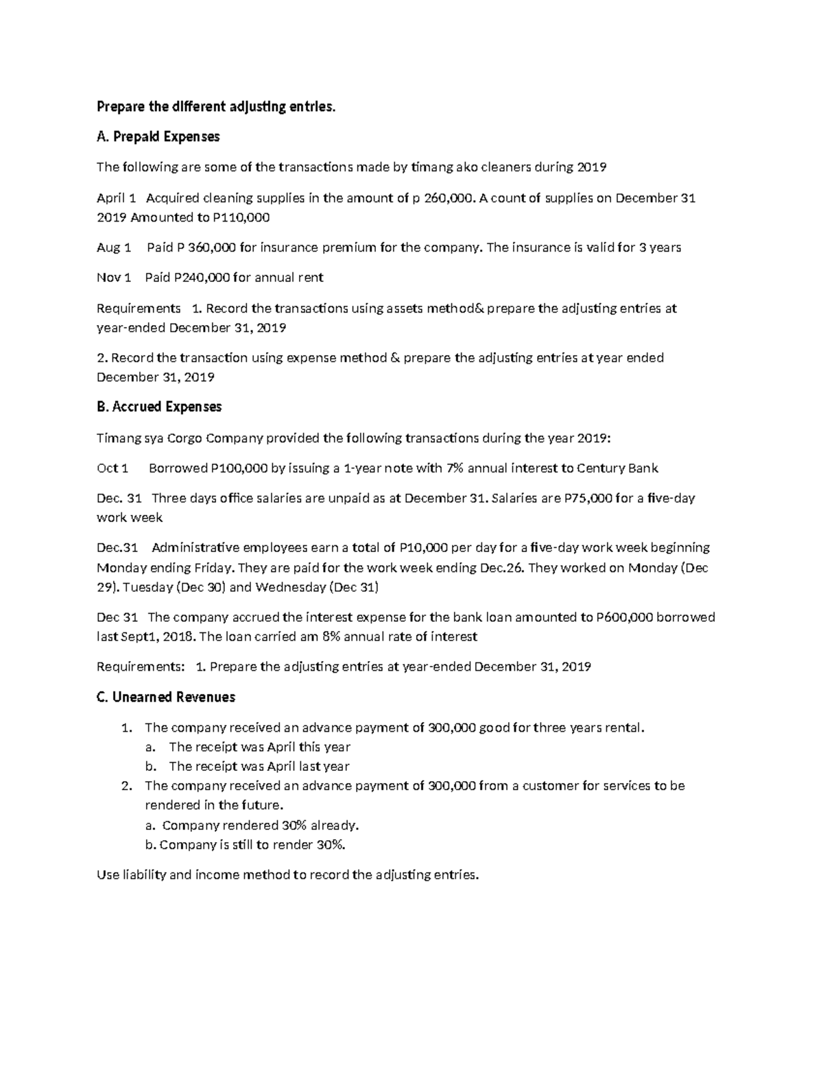 Sample Exercise- Adjusting Entries - Prepare the different adjusting ...
