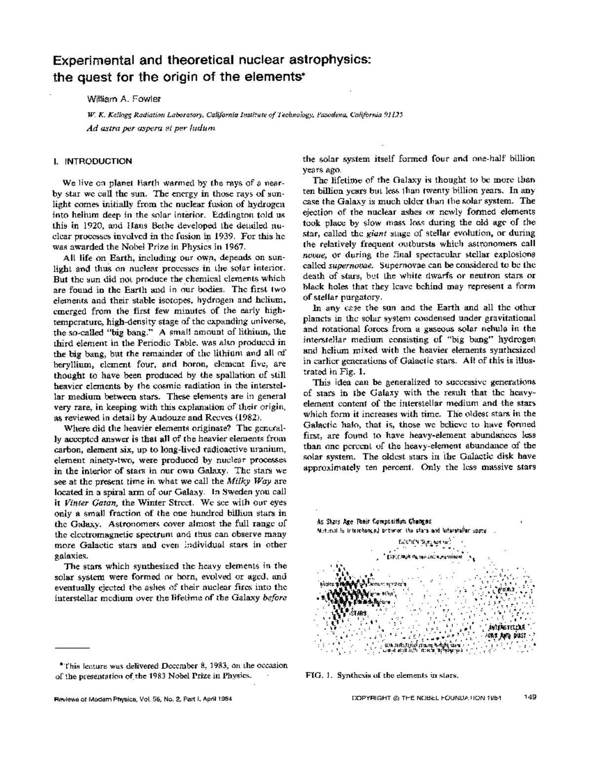 Fowler (1984) Experimental and theoretical nuclear astrophysics the ...