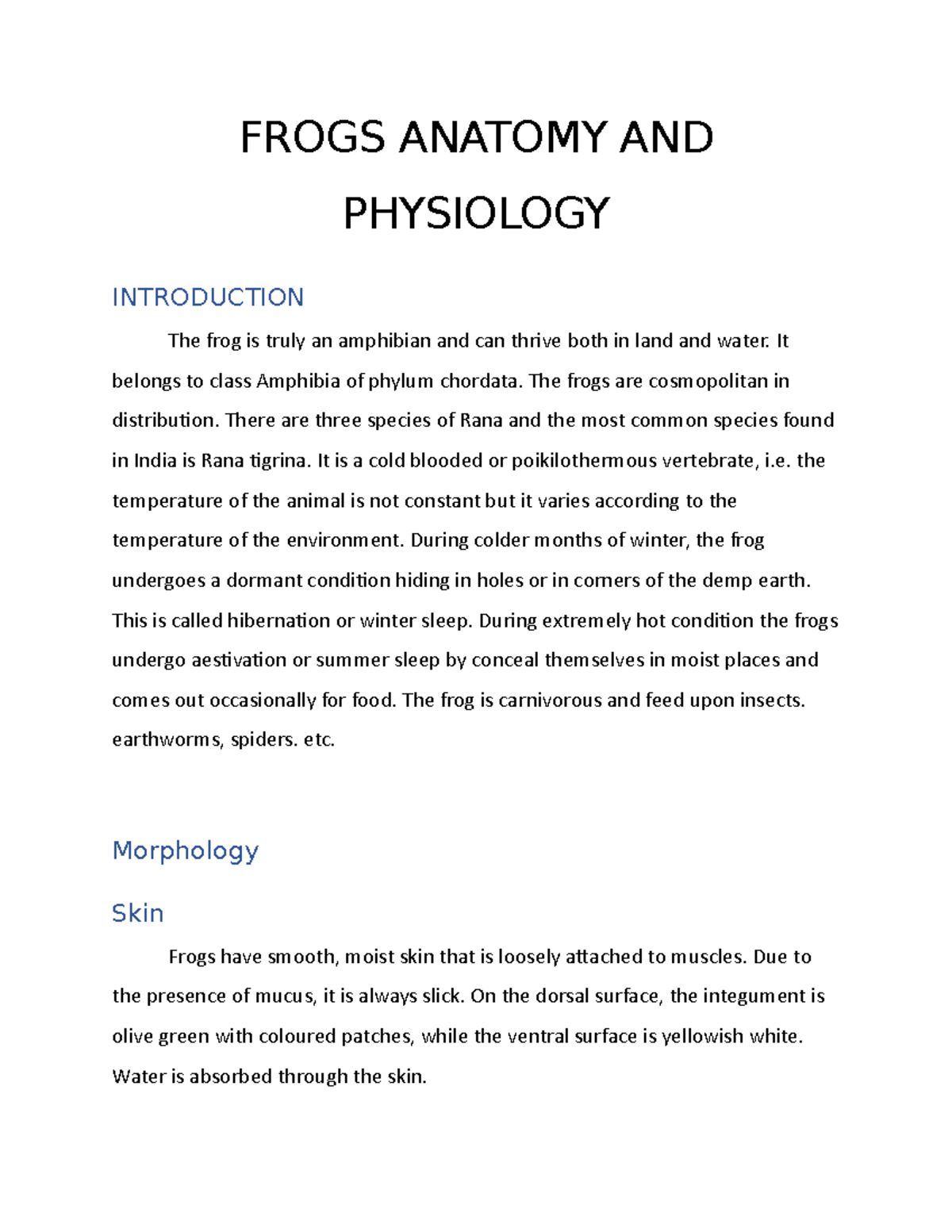 Frogs Anatomy AND Physiology - FROGS ANATOMY AND PHYSIOLOGY ...