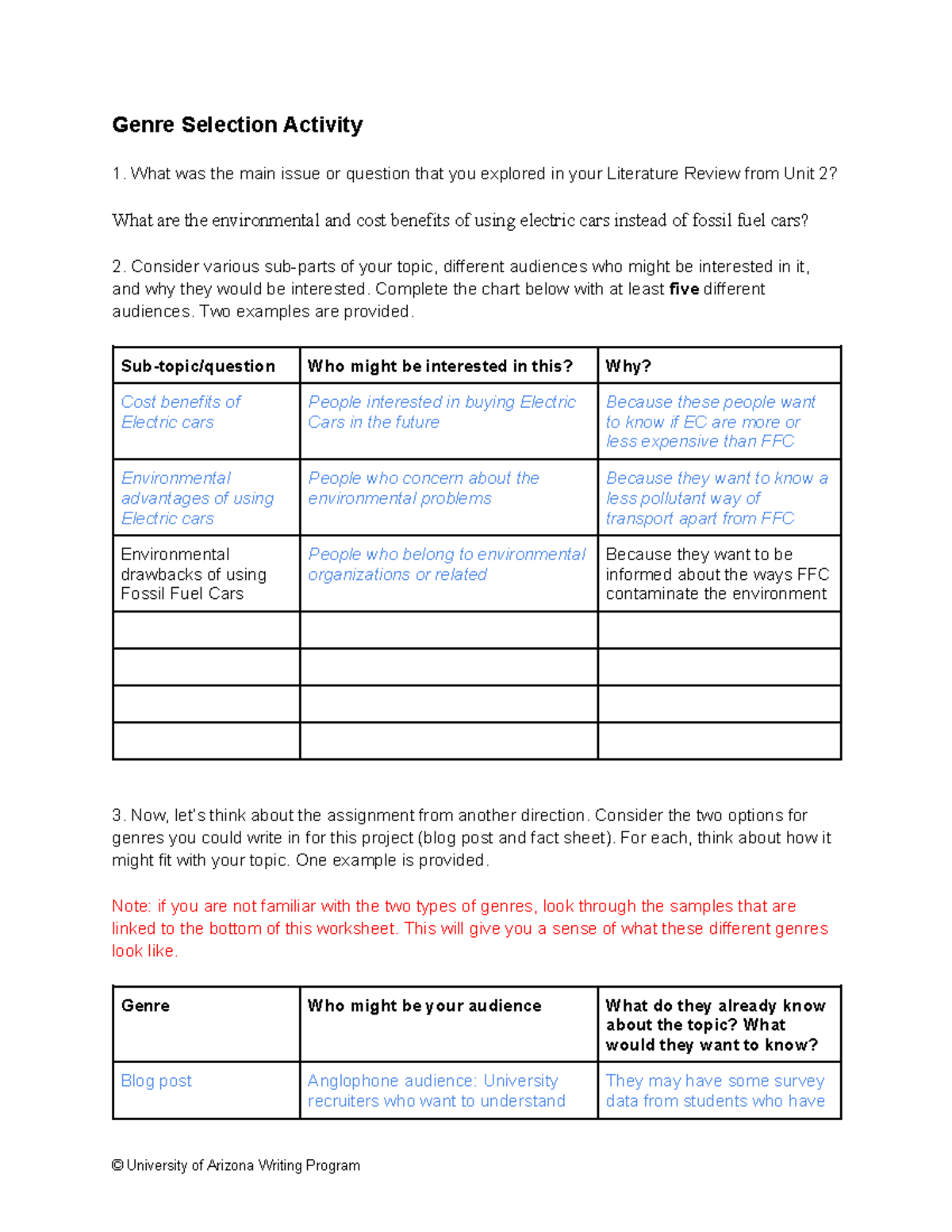 Genre Selection Activity - What was the main issue or question that you ...