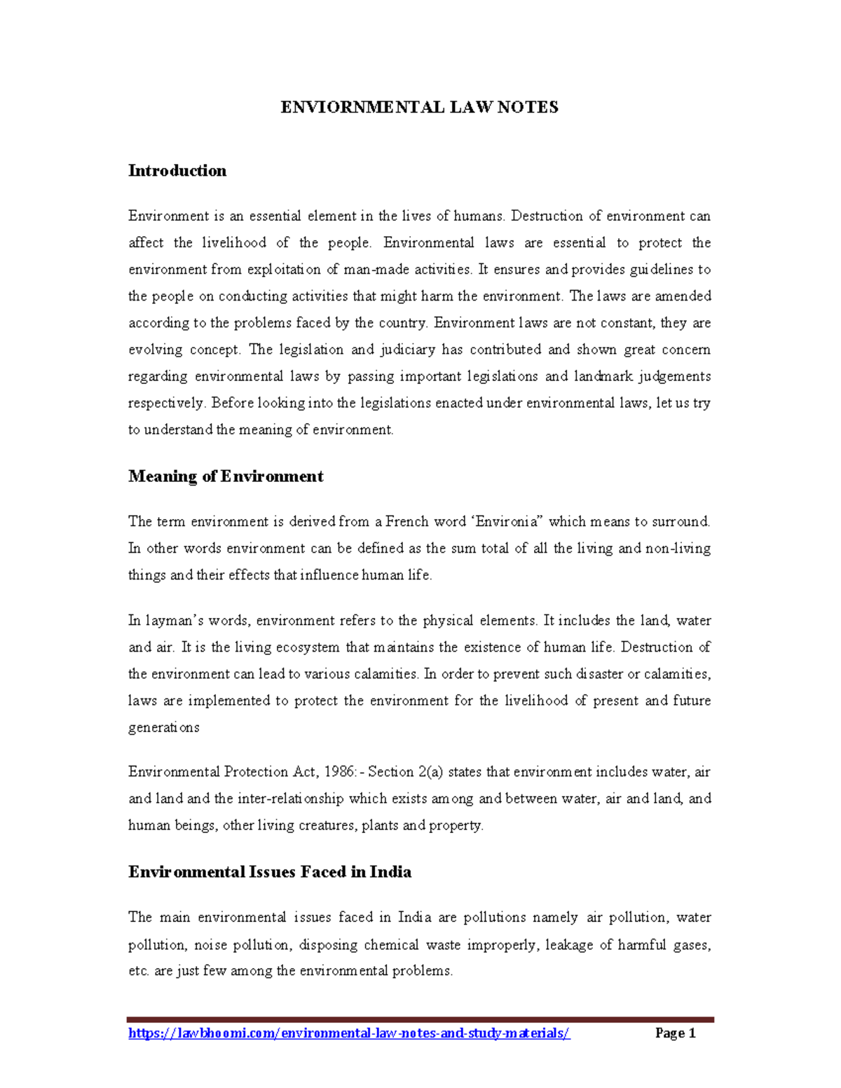 Environmental Law Notes - ENVIORNMENTAL LAW NOTES Introduction ...