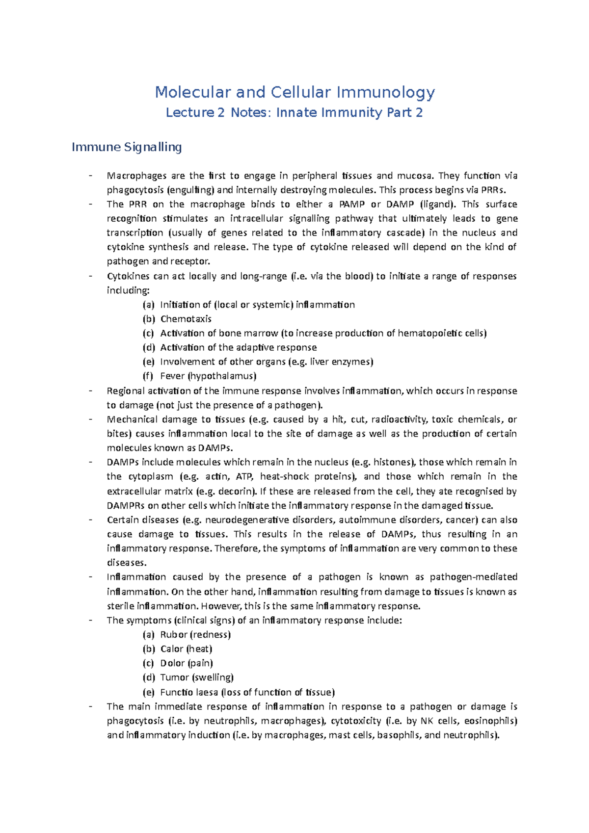 Lecture 2 Notes (Innate Immunity Part 2) - Molecular and Cellular ...