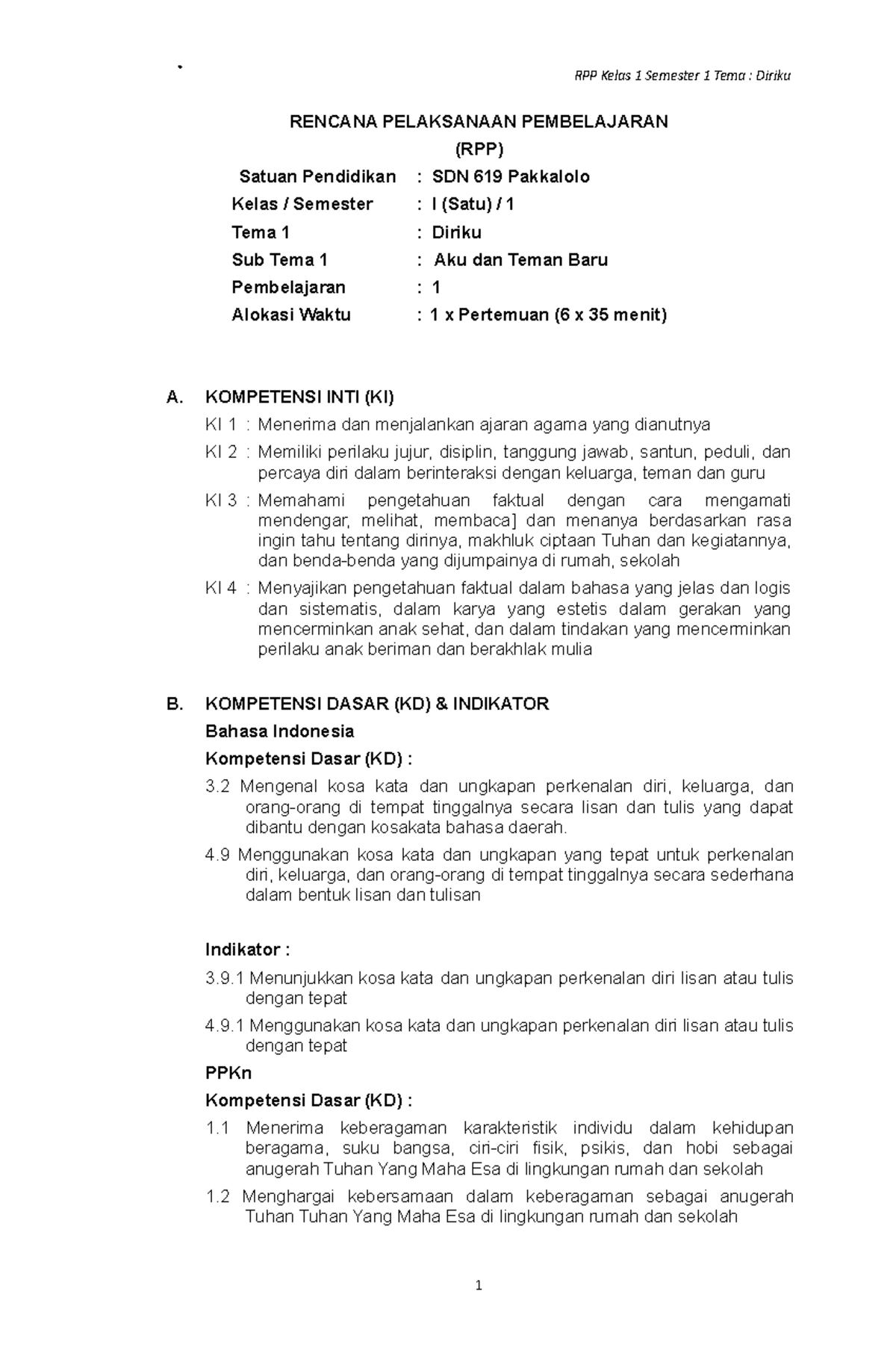 Rpp SD kelas 1 tema 1 - ini adalah contoh rpp sd tema 1 silahkan bisa ...