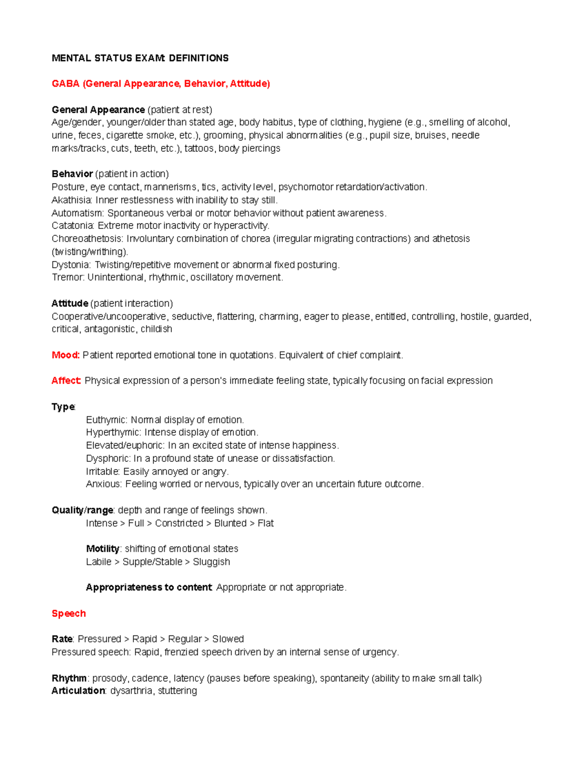 MSE Definitions - MENTAL STATUS EXAM: DEFINITIONS GABA (General ...