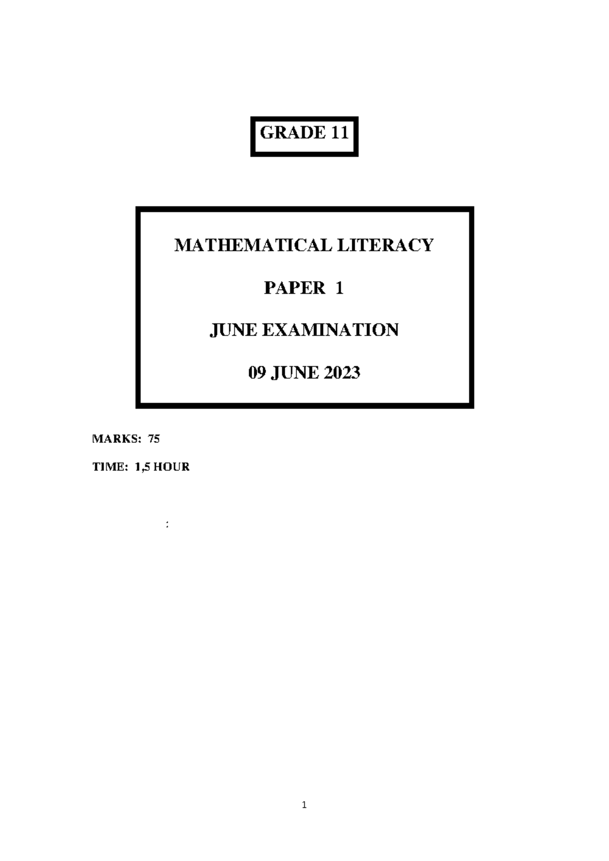 Math Lit Grade 11 Paper 1 QP June Exam Eng Version 2023 GRADE 11