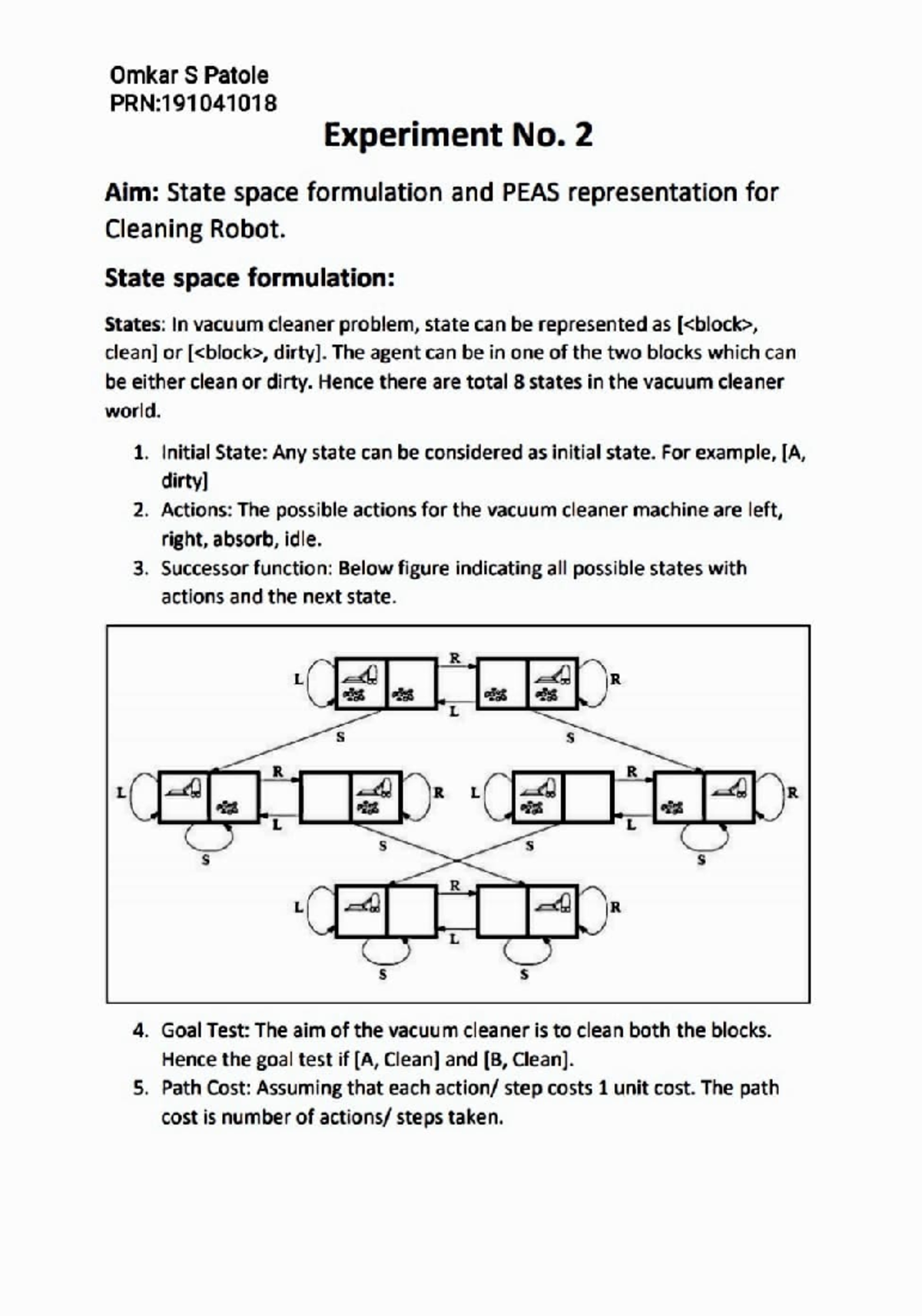 AI EXPT 2 191041018 - Omkar S Patole PRN: Experiment No. 2 Aim: State space formulation and PEAS ...