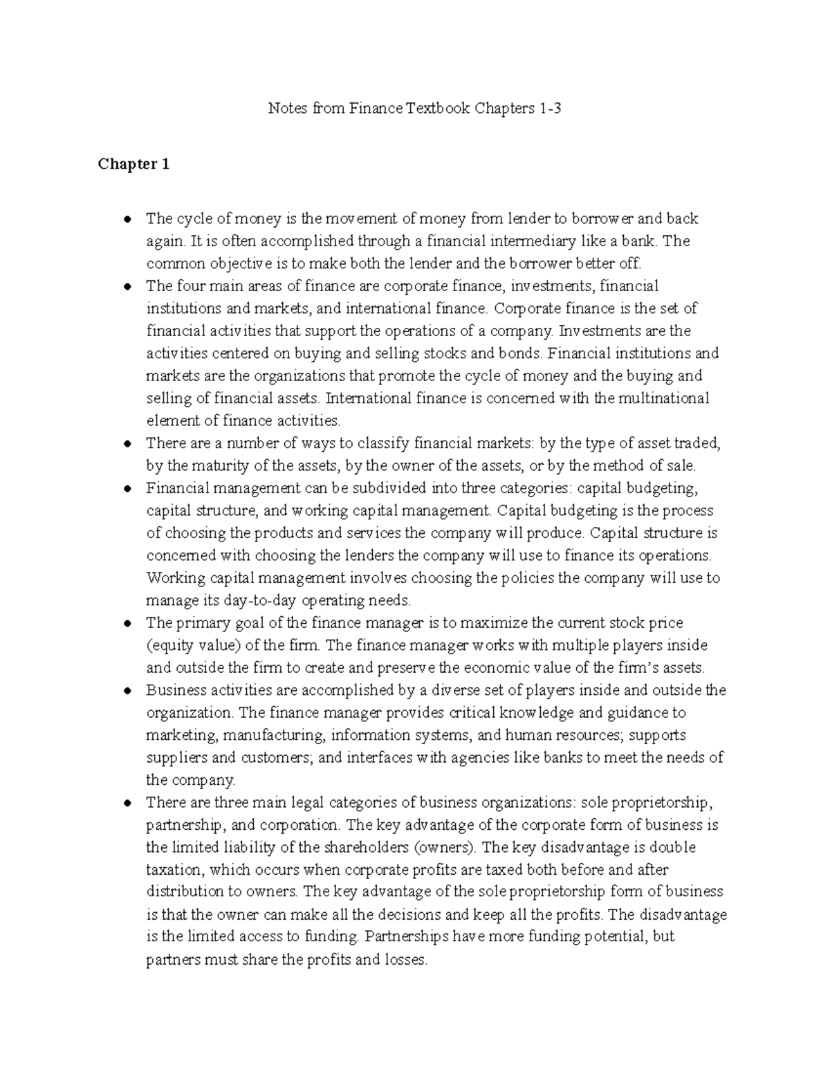 Finance Textbook Notes Chapters 1-3 - Notes from Finance Textbook ...