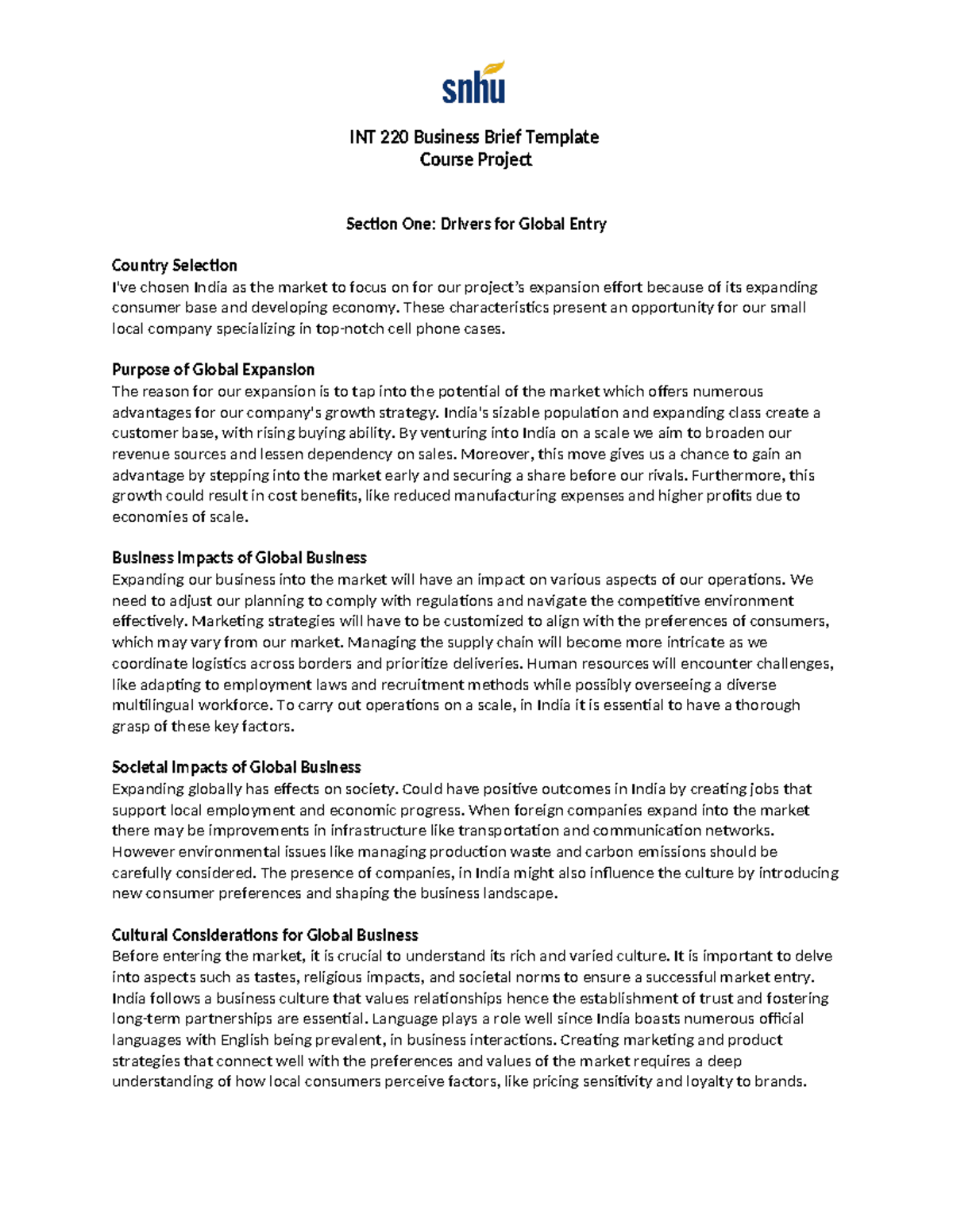 INT 220 Business Brief final Template - INT 220 Business Brief Template ...