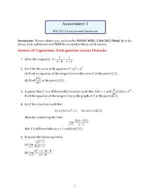 Exam paper MA1521 - MA NATIONAL UNIVERSITY OF SINGAPORE MA1521 - CALCULUS FOR COMPUTING ...