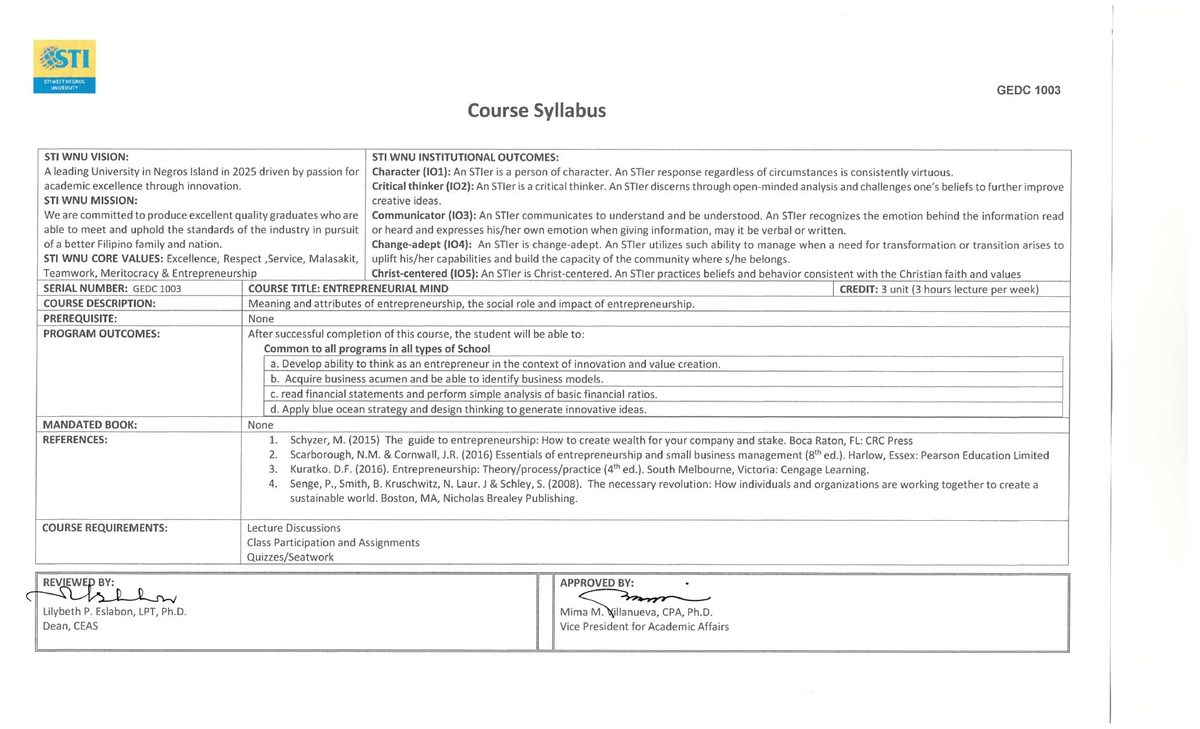 Entrepreneurial Mind - syllabus - Electrical Engineering - Studocu