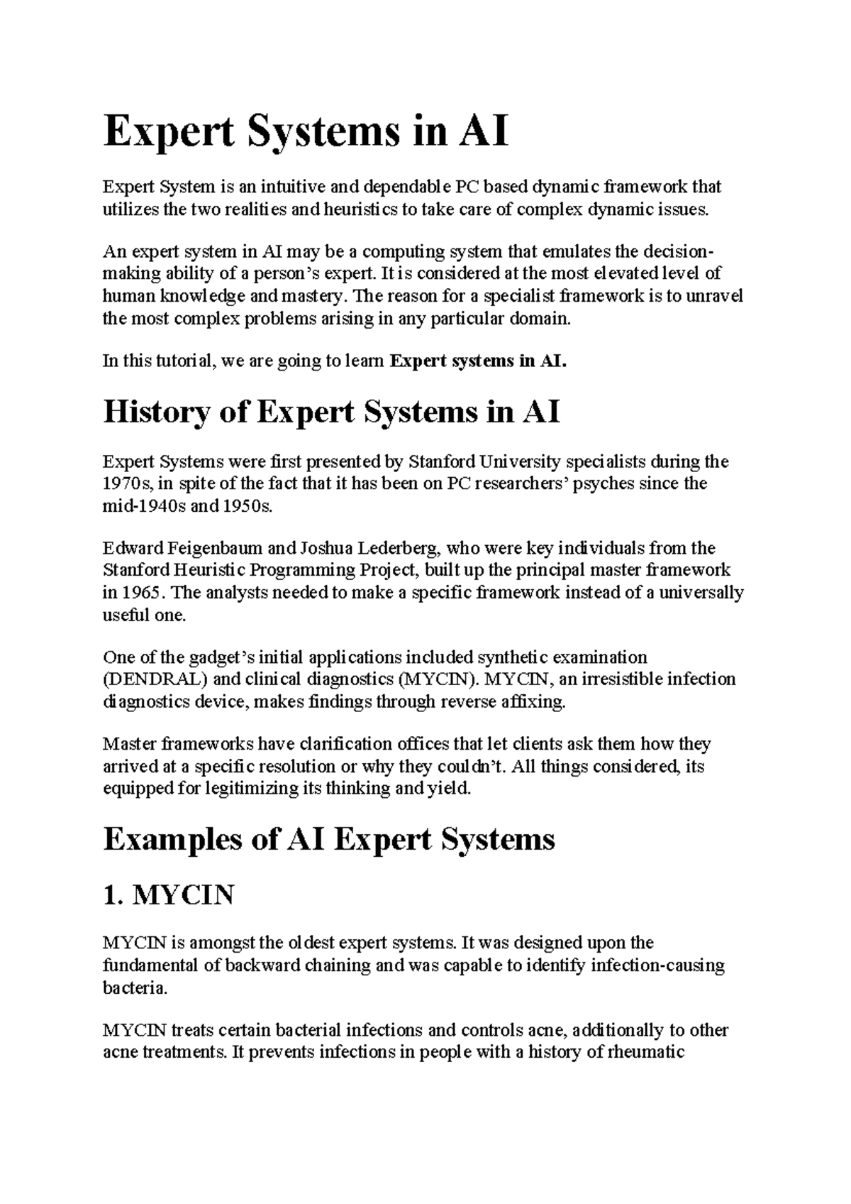 Expert Systems in AI - NOTES - Expert Systems in AI Expert System is an ...