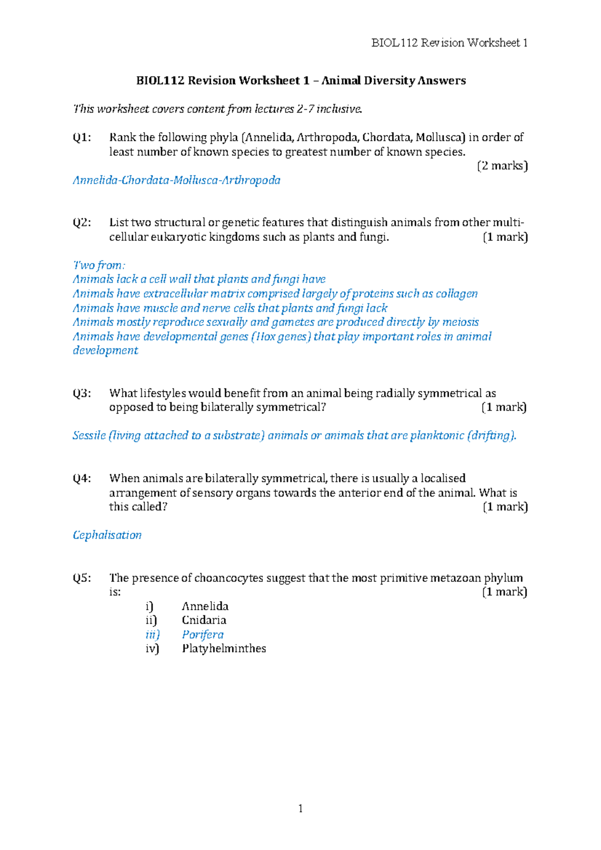 BIOL112 Revision Worksheet 1 Animal Diversity Answers - BIOL112 ...
