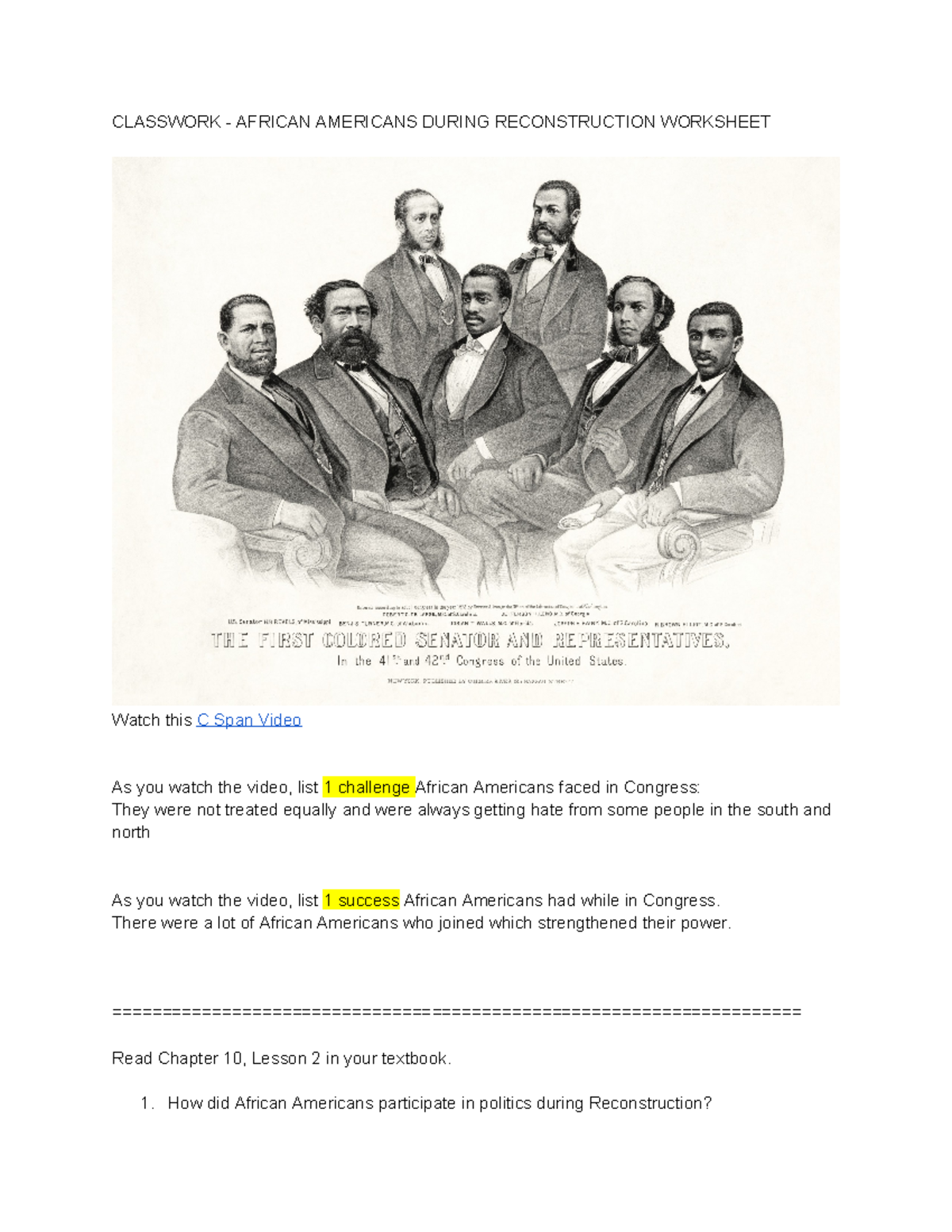 Copy of African Americans during Reconstruction - CLASSWORK - AFRICAN ...