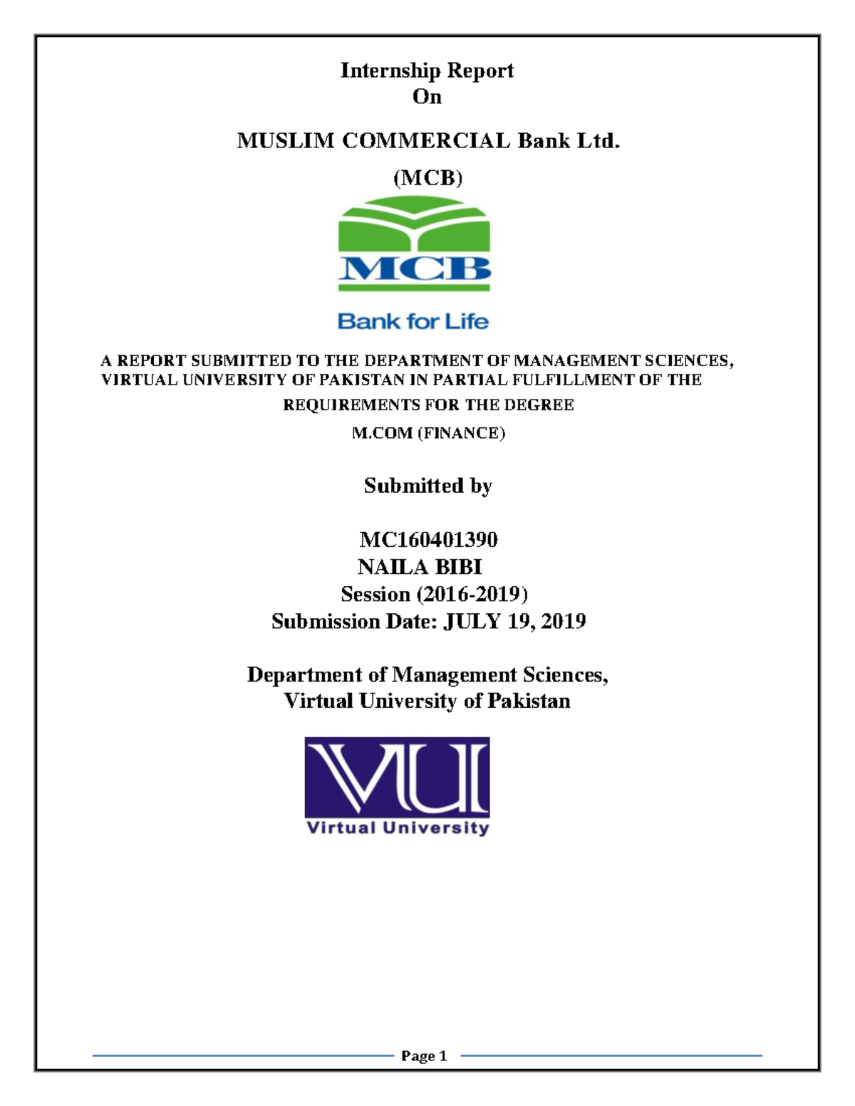 Mcb bank - REPORT - Page 1 Internship Report On MUSLIM COMMERCIAL Bank ...