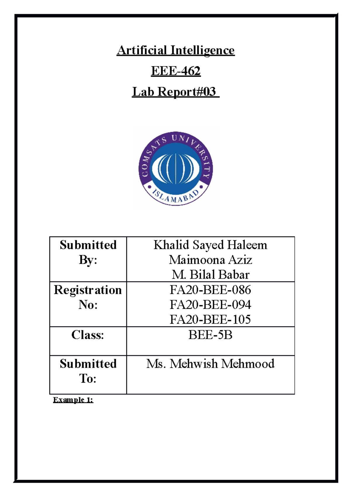 Ai lab3 - lab practicals - Artificial Intelligence - Artificial Intelligence EEE- Lab Report ...