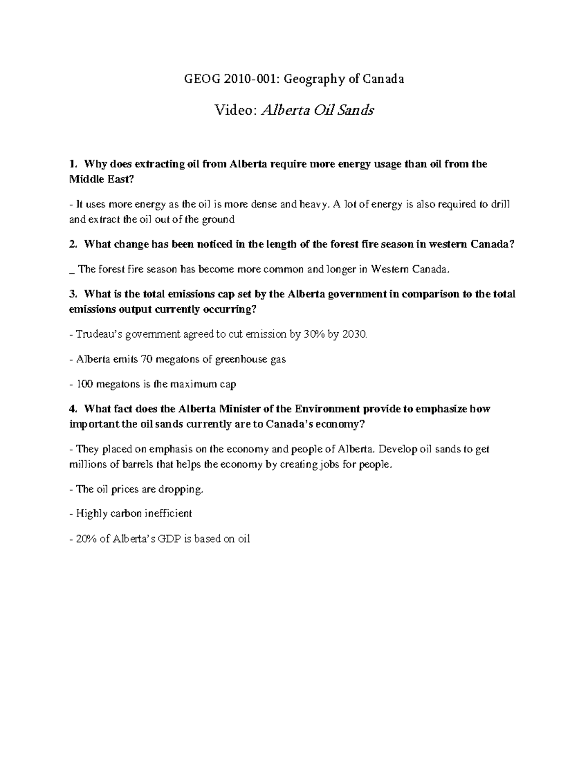 Video Questions - Alberta Oil Sands - GEOG 2010-001: Geography of ...