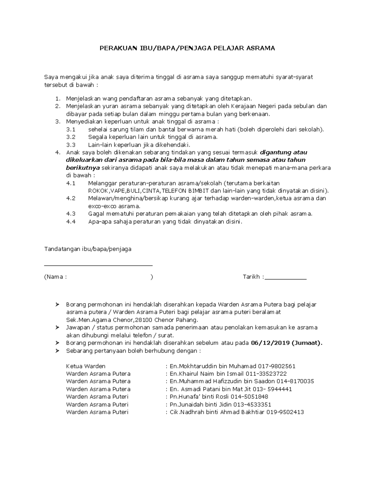 Borang Perakuan Tahun 2020 - PERAKUAN IBU/BAPA/PENJAGA PELAJAR ASRAMA ...