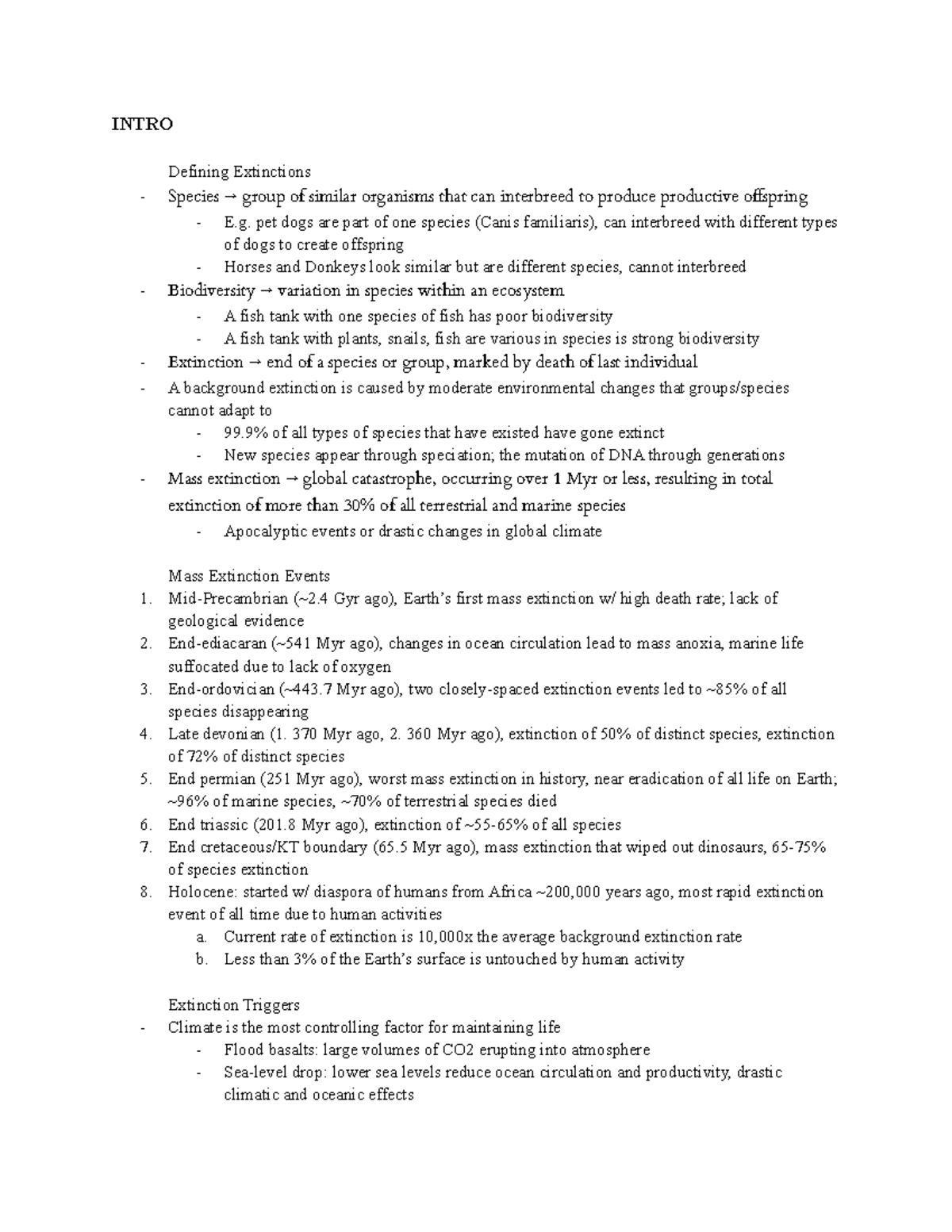 Unit 4 notes earthsci - INTRO Defining Extinctions Species → group of ...
