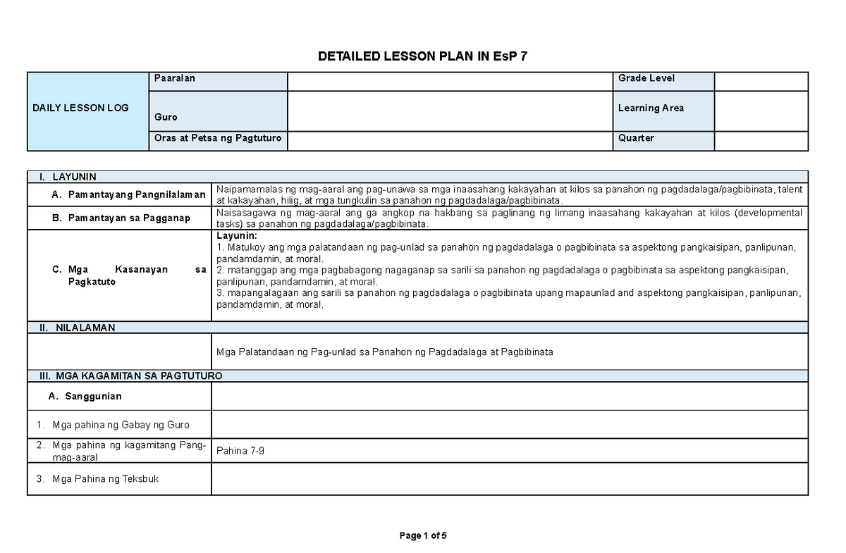 Es P7 - dghjkk - DETAILED LESSON PLAN IN EsP 7 DAILY LESSON LOG ...