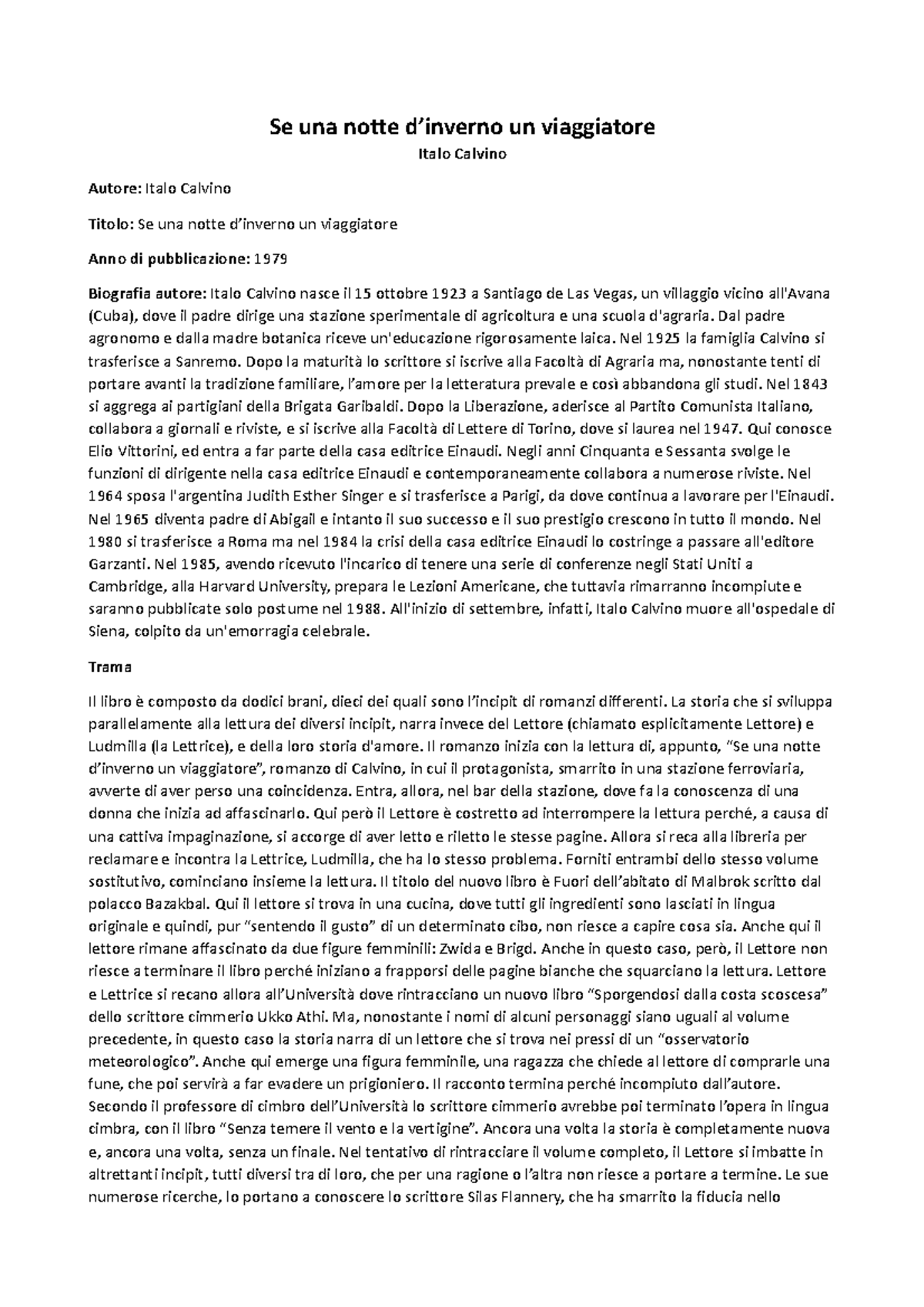 Scheda libro Italo Calvino - Se una notte d’inverno un viaggiatore ...