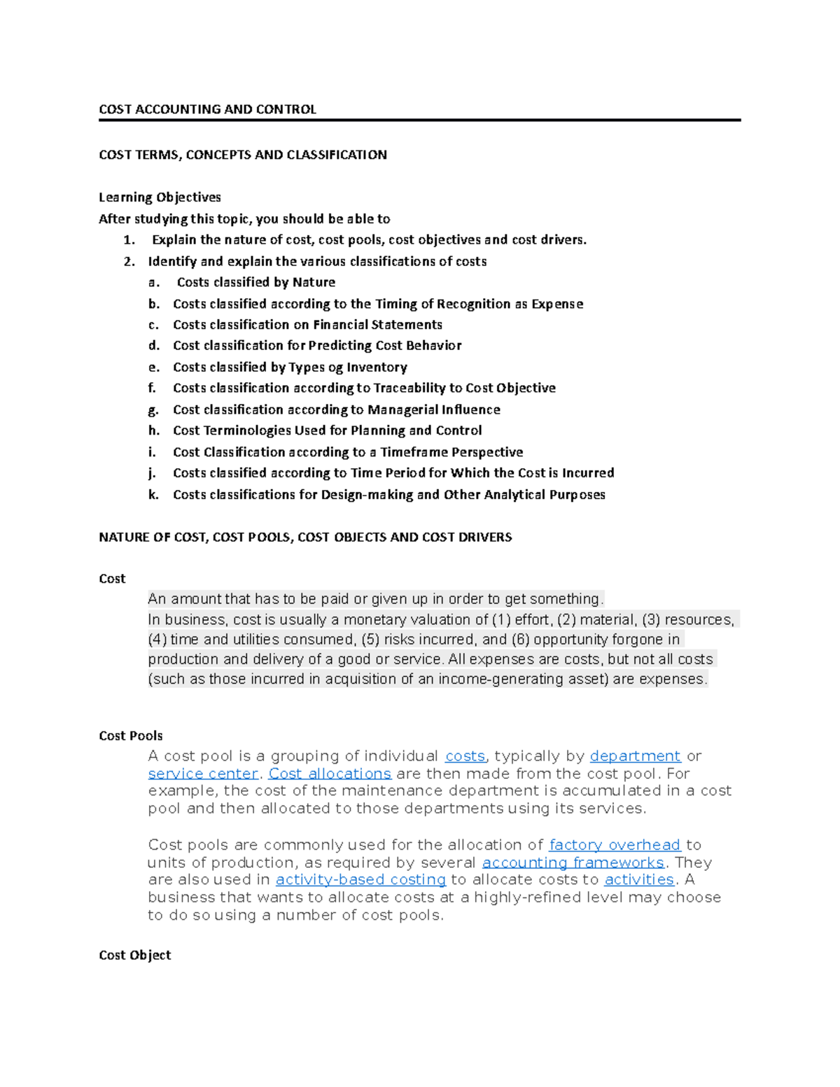 Cost Acctg Control - COST Terms, Concepts AND Classifications - COST ACCOUNTING AND CONTROL COST ...