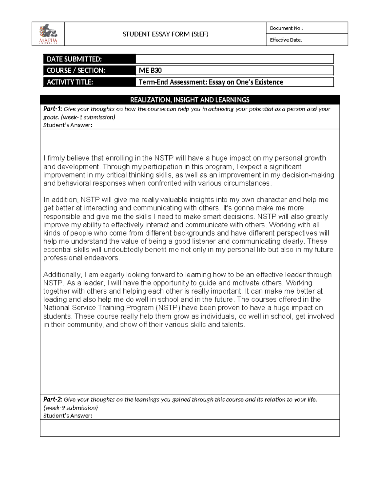 Form - NSTP100 Term-End Assessment - Essay on One's Existence - STUDENT ...