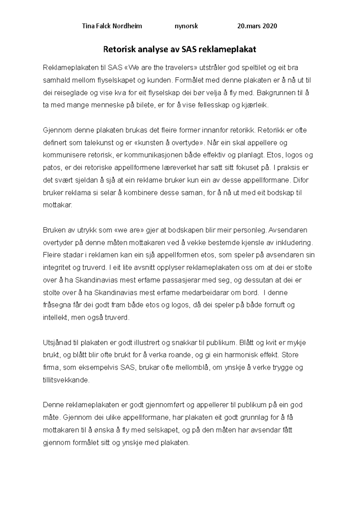 Retorisk analyse - Tina Falck Nordheim nynorsk 20 2020 Retorisk analyse av SAS reklameplakat ...