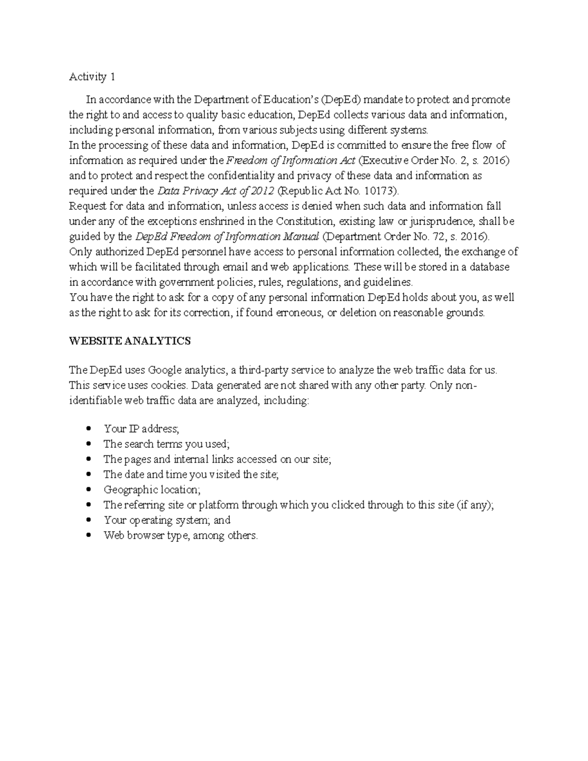 Activity 1 - n/a - Activity 1 In accordance with the Department of ...