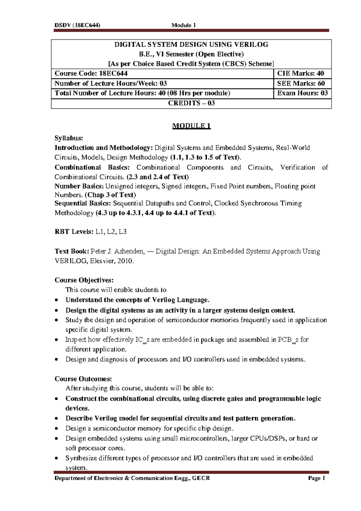Module 1 Dsdv Notes Digital System Design Using Verilog B Vi Semester Open Elective As