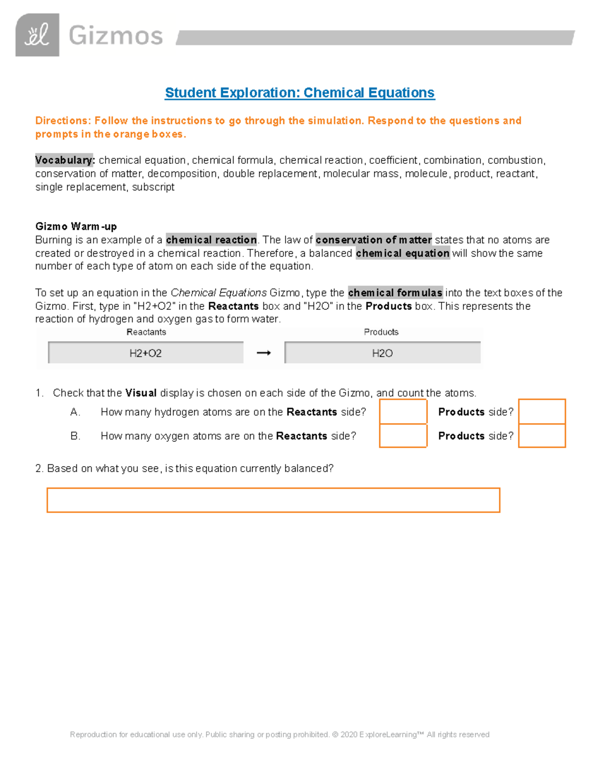 Chemical Equations Gizmo - Student Exploration: Chemical Equations ...